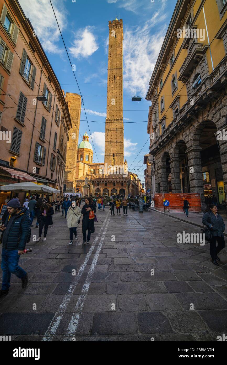Italy, Bologna 12 February 2020.The most famous of the towers of ...