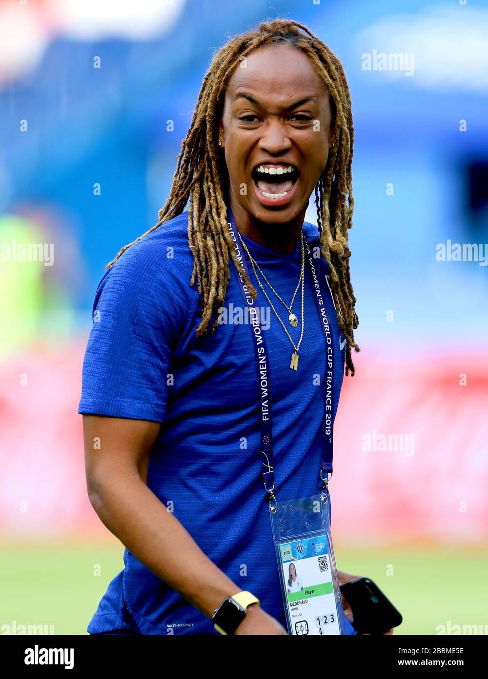 USA's Jessica McDonald inspects the pitch prior to the beginning of the ...