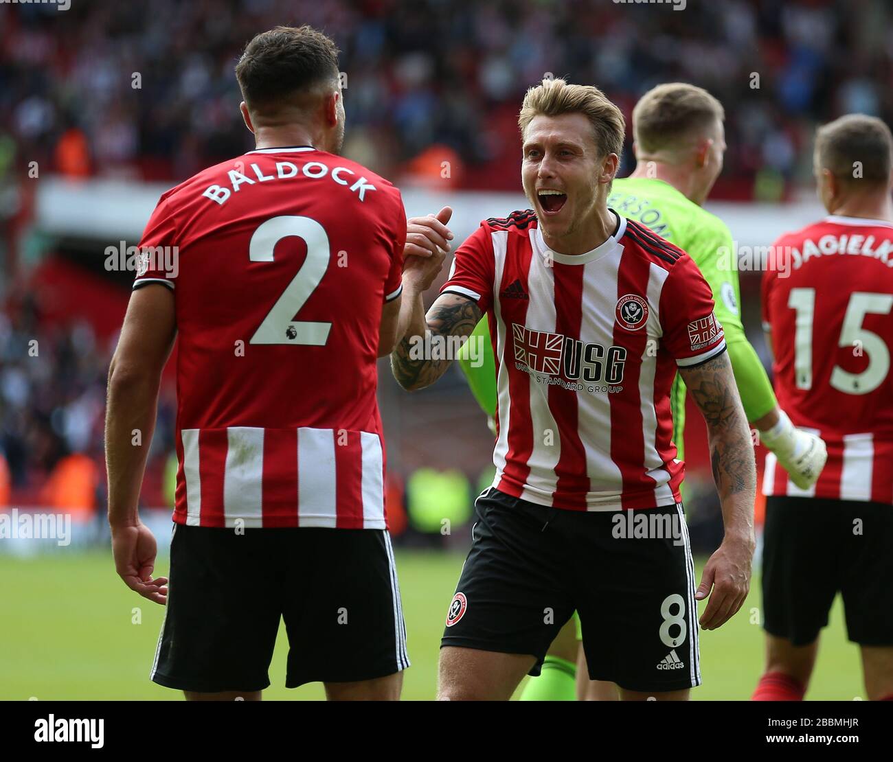 Sheffield United's George Baldock (left) and Luke Freeman celebrates ...