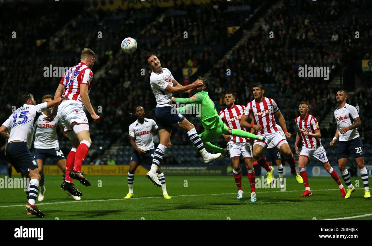 Stoke City's Nathan Collins (left) attempts a shot on goal Stock Photo ...