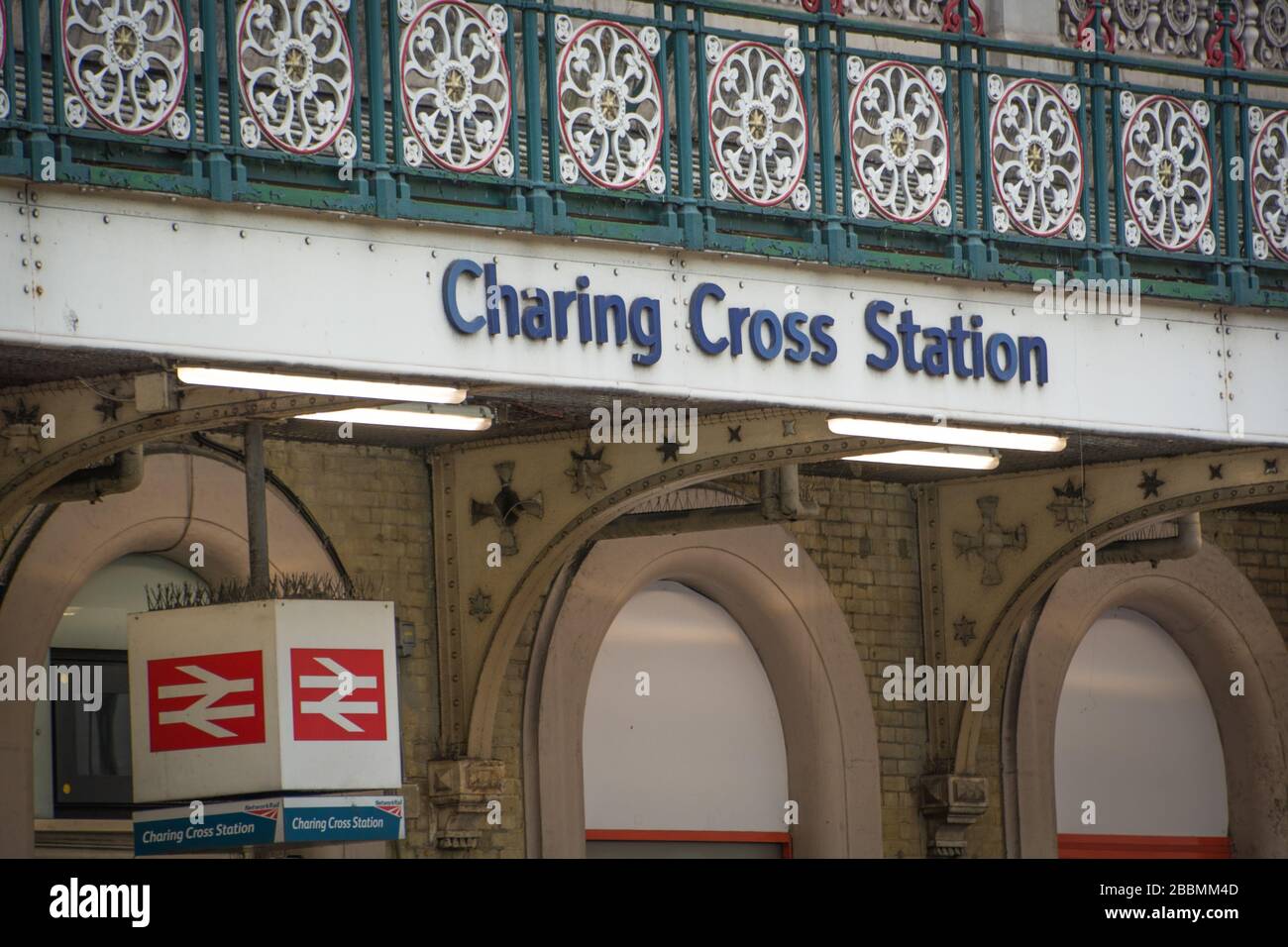 Charing Cross Station exterior signage and National Rail sign. A major ...