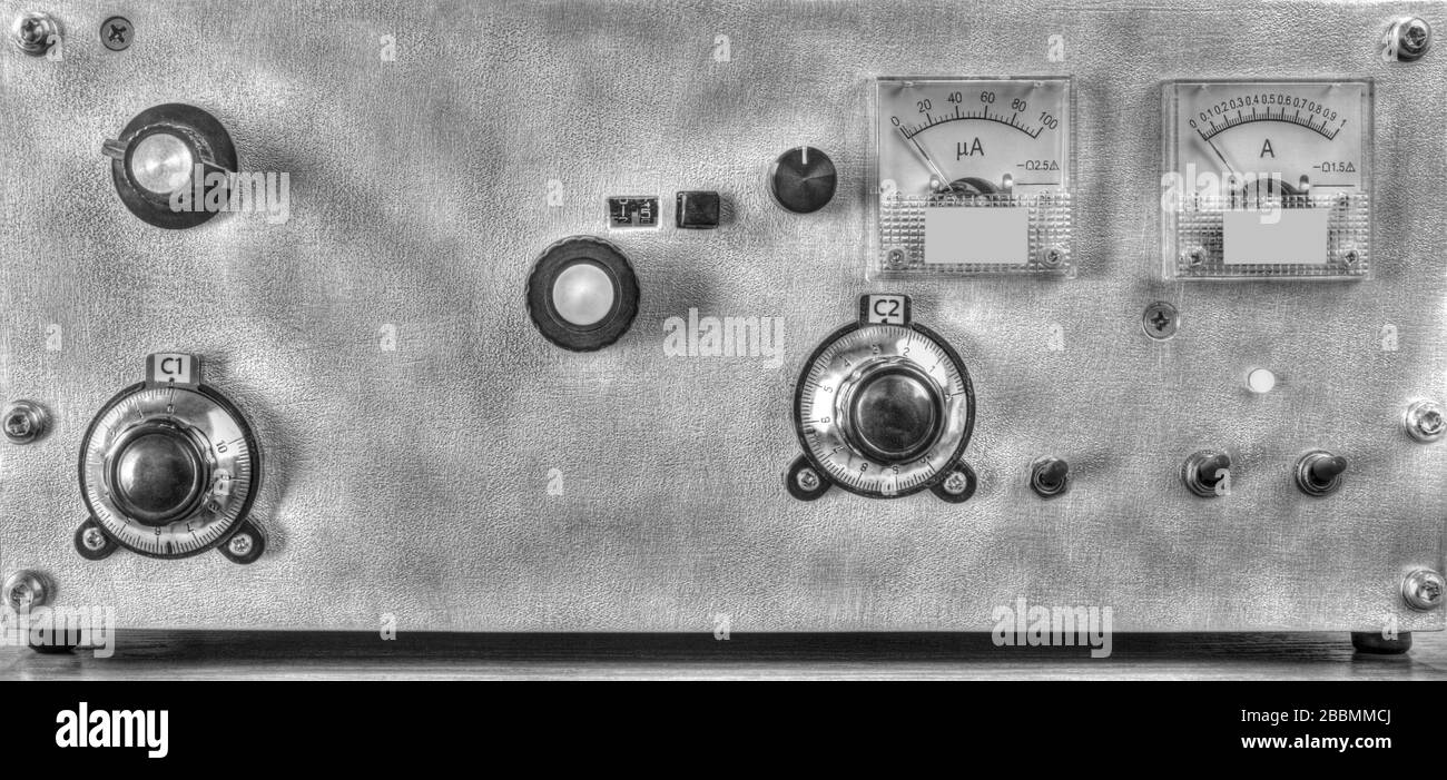 Close up view of front panel of a high frequency power amplifier with ...