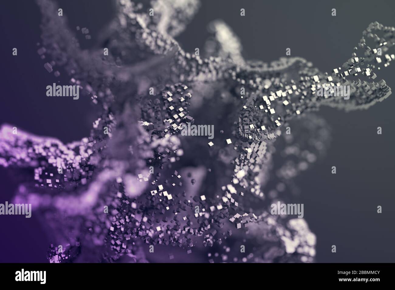 Abstract 3d rendering of chaotic particles. Flying cubes in empty space. Dynamic shape ...