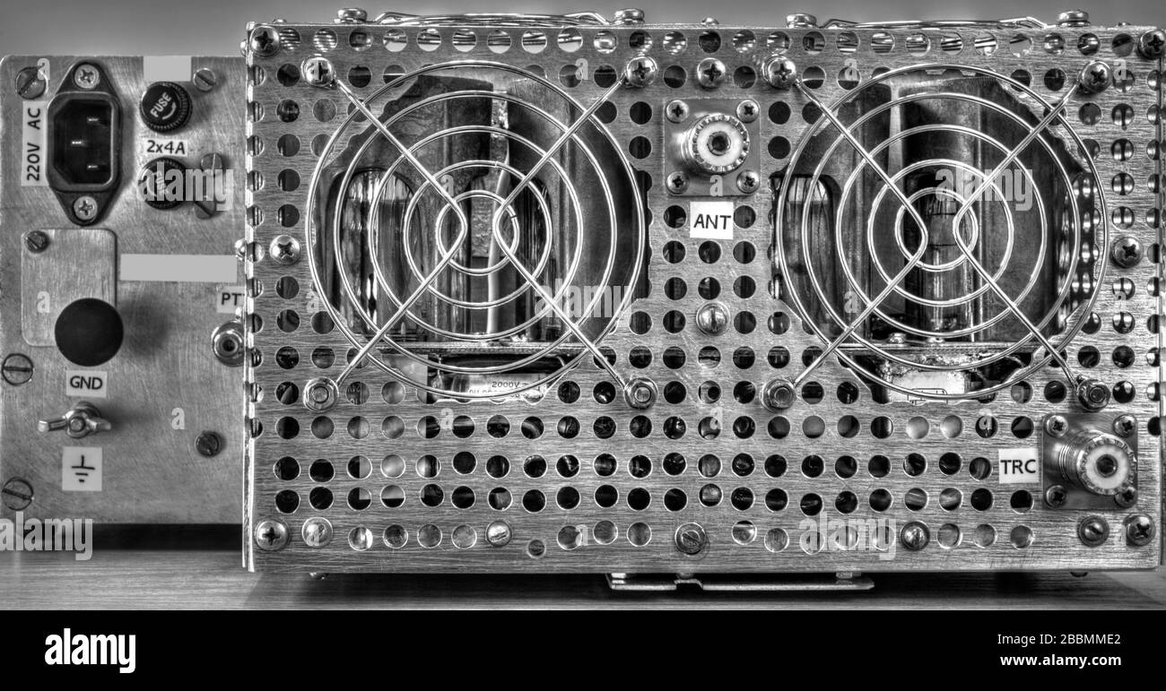 Close up view of a rear panel of a high frequency power amplifier with ...
