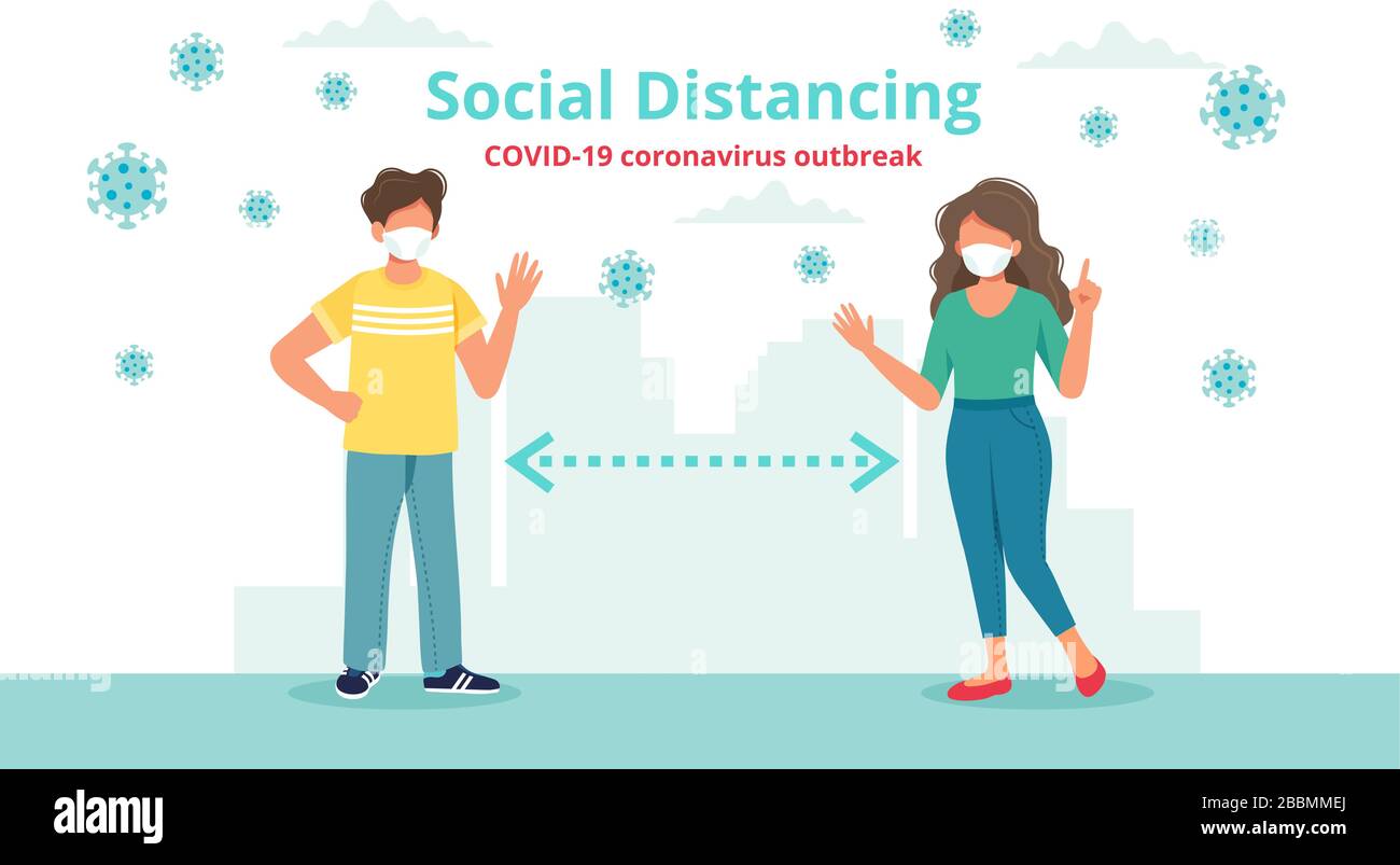 Social distancing concept with two people at a distance waving to each ...