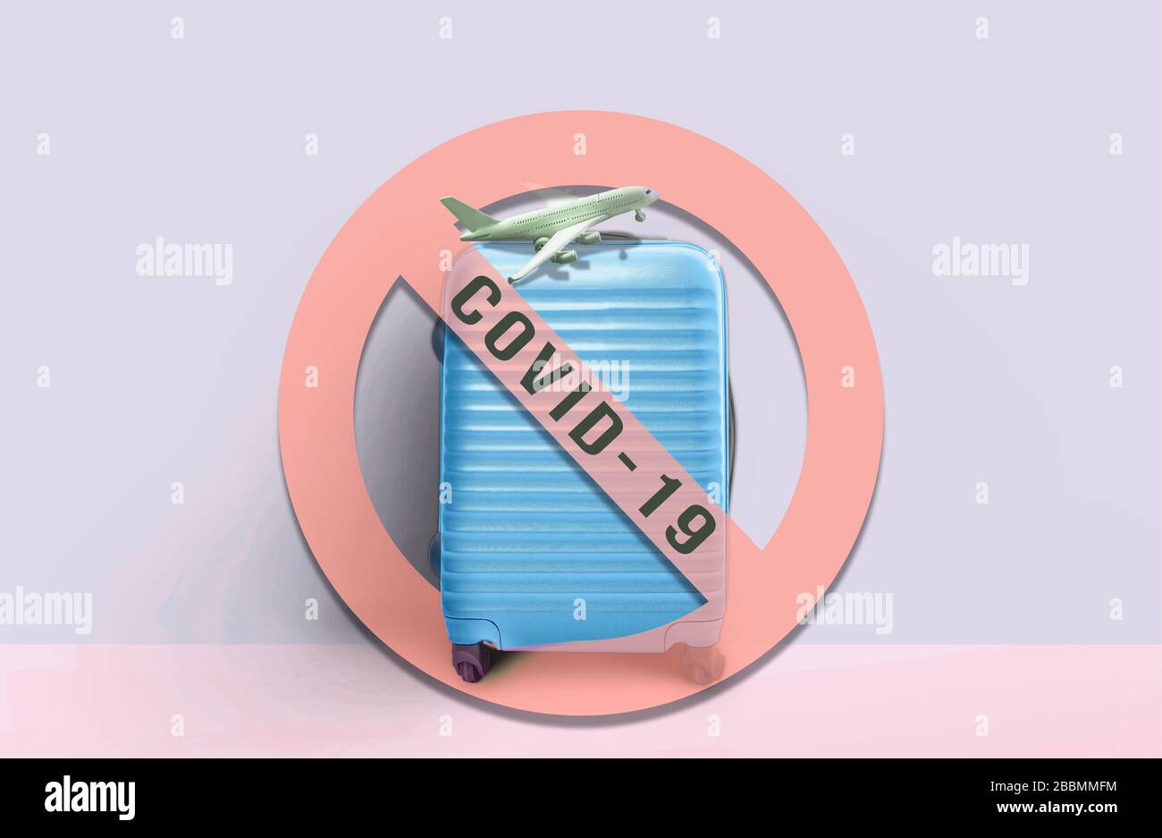 Soft blue suitcase standing with "no entry sign" and message . Stop ...