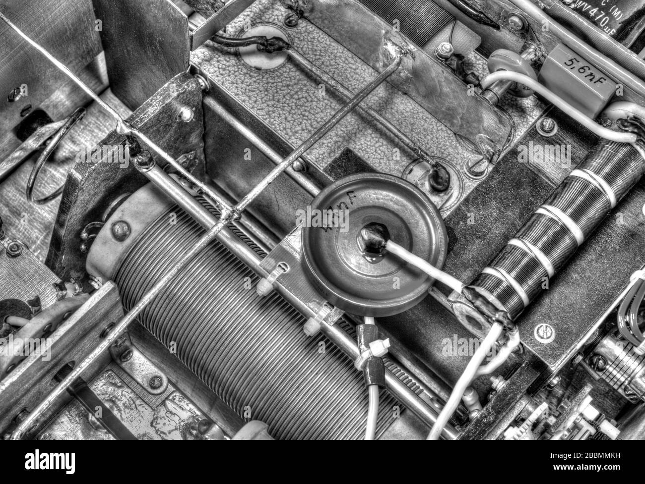 Inside view of high frequency power amplifier with capacitors, coils ...
