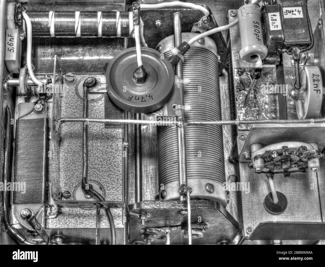 Inside view of high frequency power amplifier with capacitors, coils ...