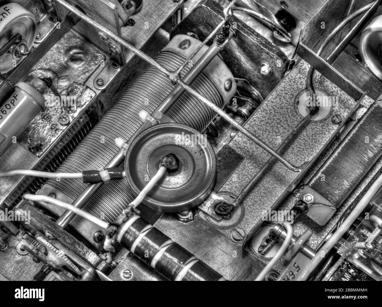 Inside view of high frequency power amplifier with capacitors, coils ...