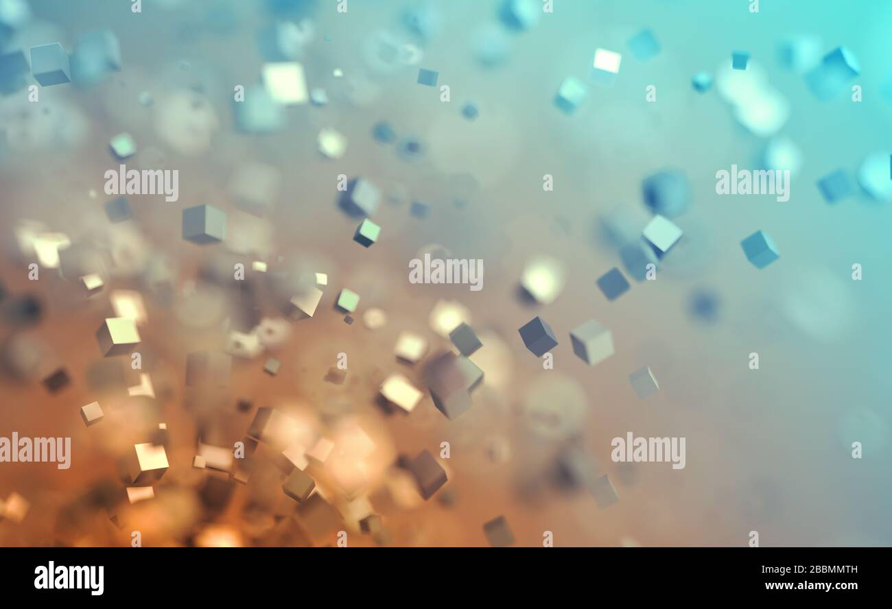 Abstract 3d rendering of chaotic cubes. Flying shapes in empty space. Dynamic background with ...
