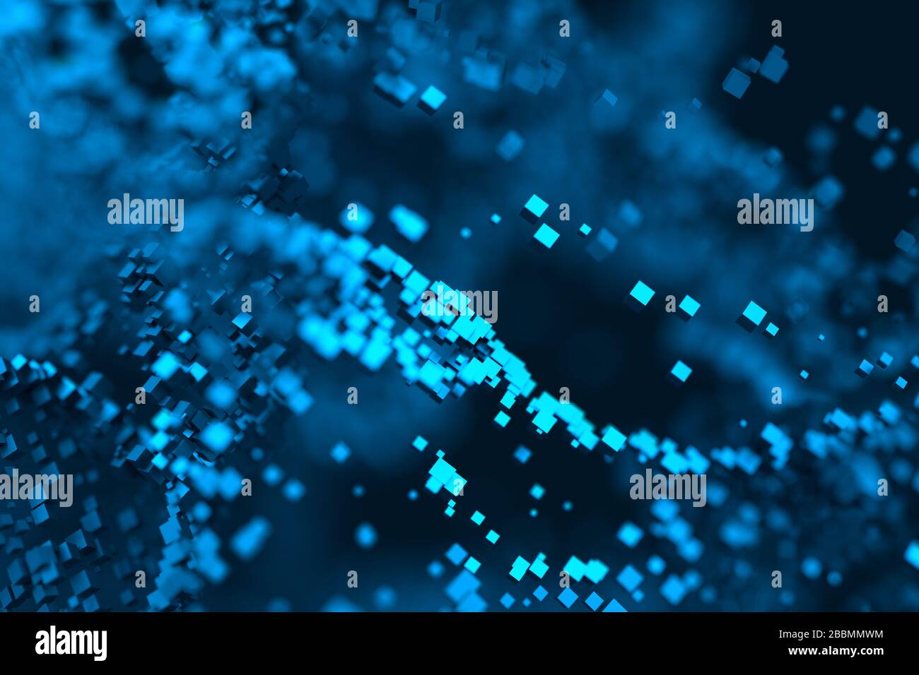 Abstract 3d rendering of chaotic particles. Flying cubes in empty space. Dynamic shape ...