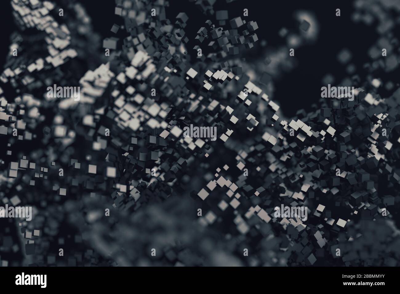 Abstract 3d rendering of chaotic particles. Flying cubes in empty space. Dynamic shape ...