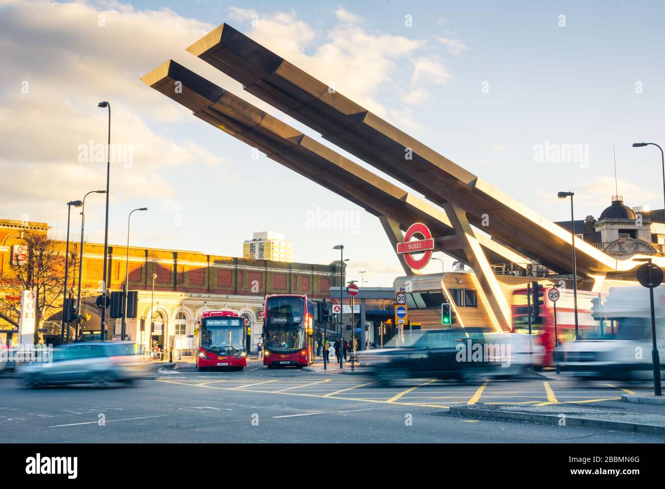LONDON- Vauxhall bus and rail station with traffic- Lambeth, south west ...