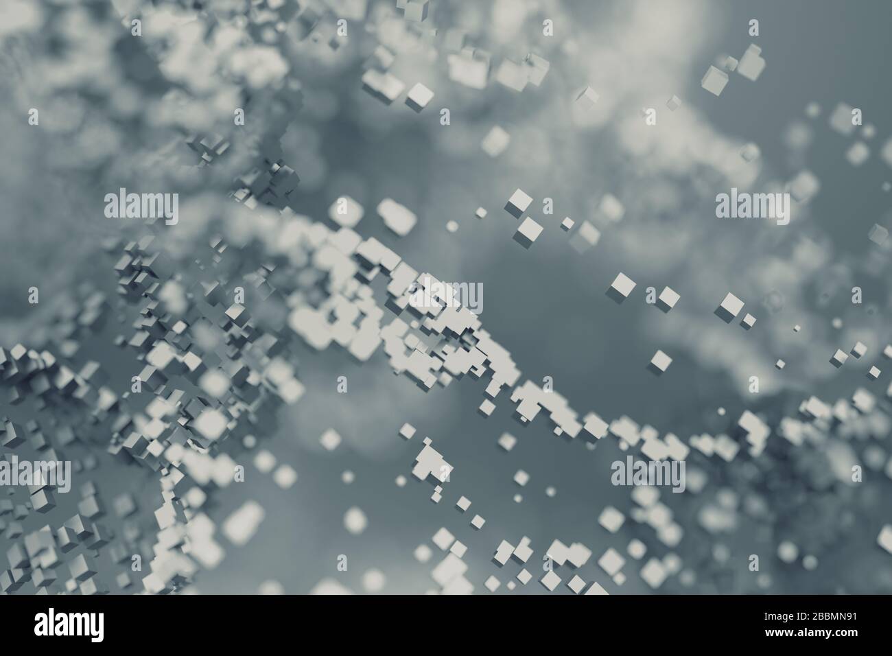 Abstract 3d rendering of chaotic particles. Flying cubes in empty space. Dynamic shape ...