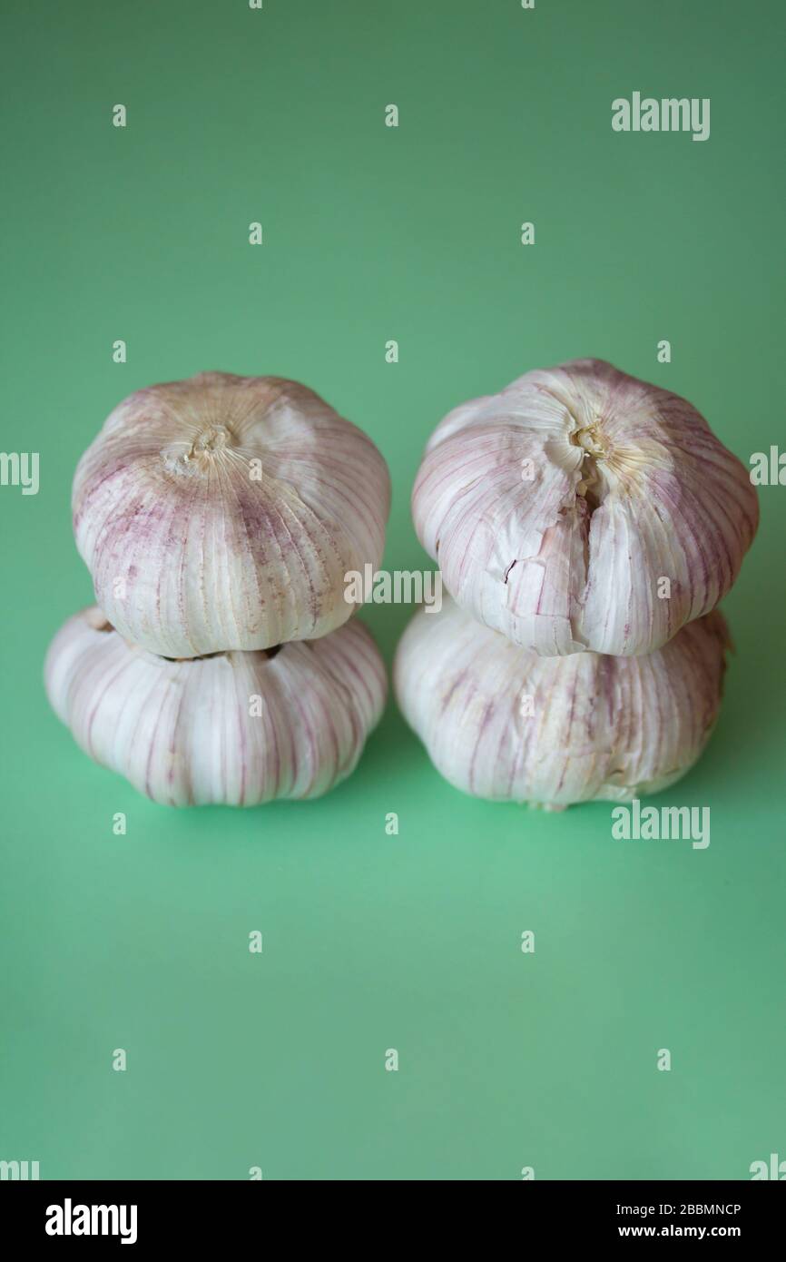 Four garlic bulbs on green background. Close up of seasonal vegetable ...
