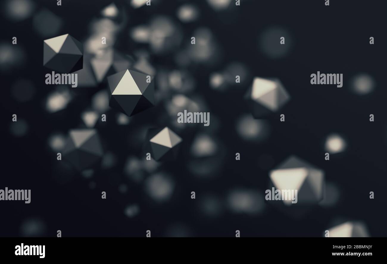 Abstract 3d rendering of chaotic low poly particles. Flying polygonal spheres in empty space ...