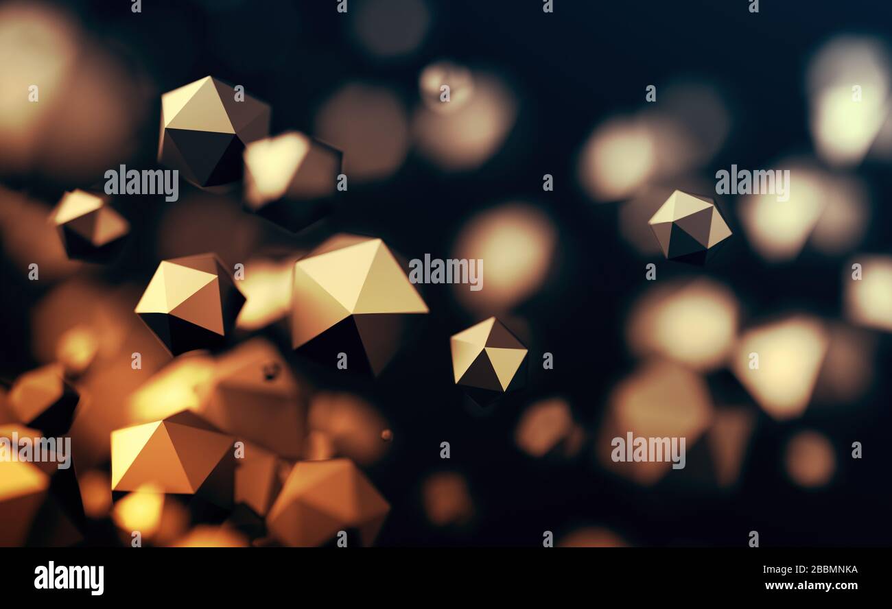 Abstract 3d rendering of chaotic low poly particles. Flying polygonal spheres in empty space ...