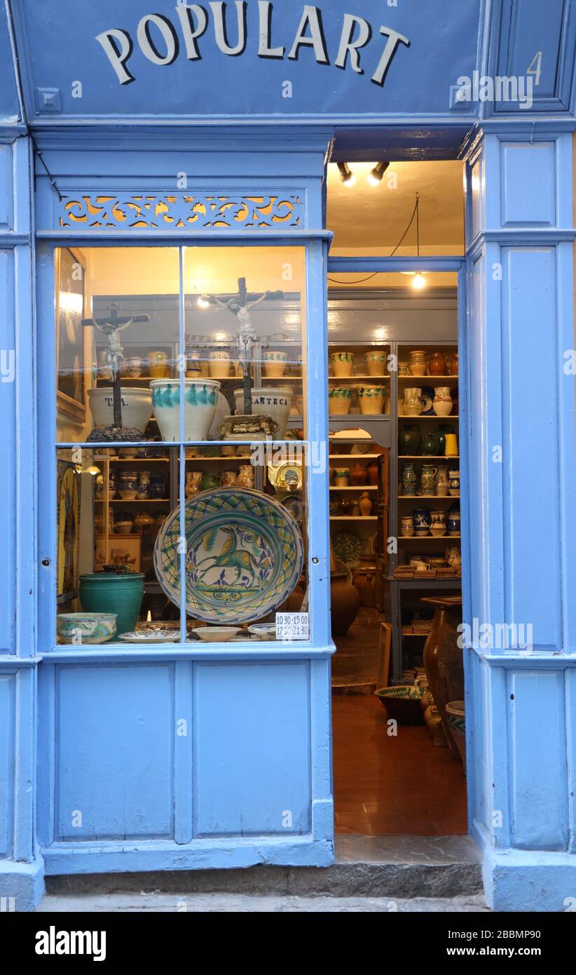 Ceramic shop.Spanish street scene. Blue entranced antique ceramic shop ...