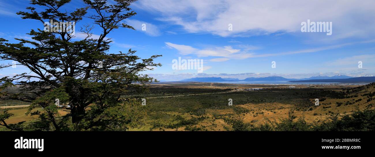 View over Mirador Cerro Dorotea, Puerto Natales city Patagonia, Chile ...