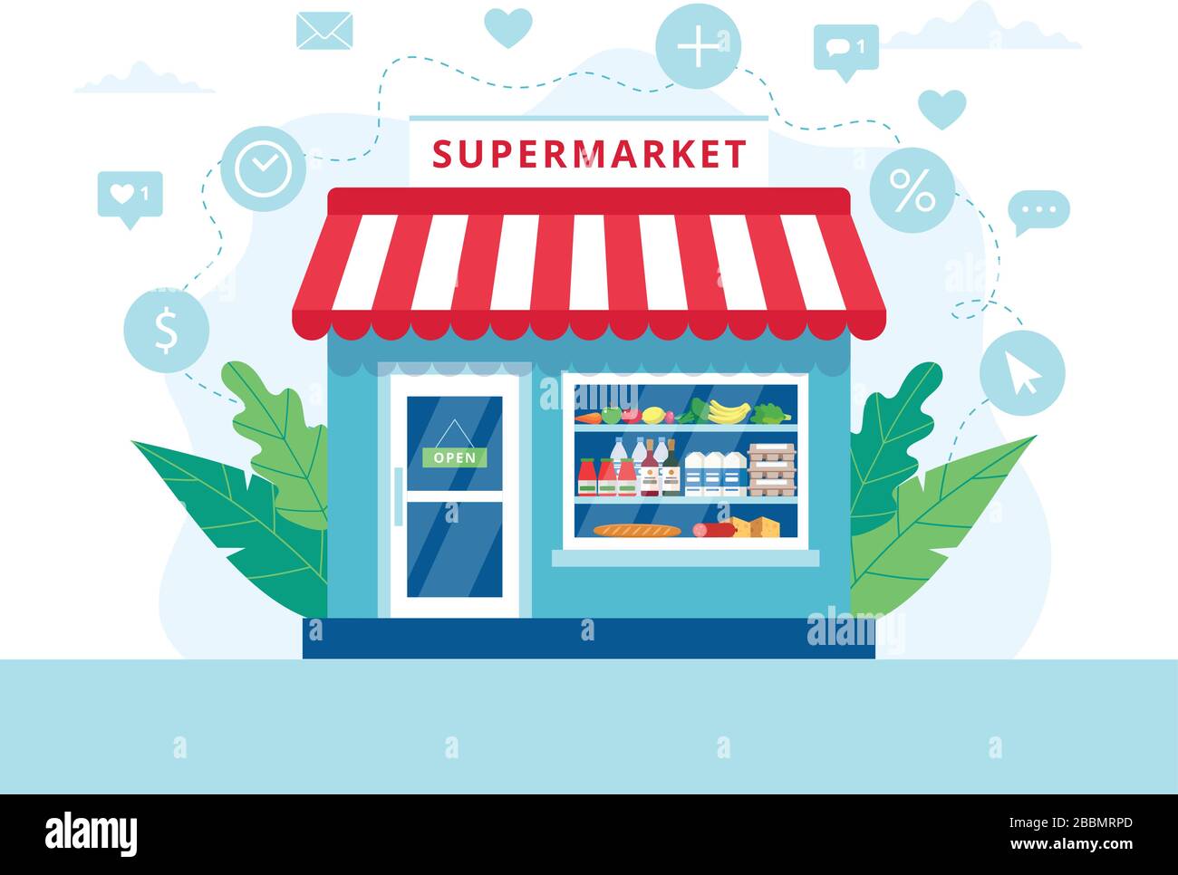 Grocery store concept, supermarket with different grocery. Vector ...