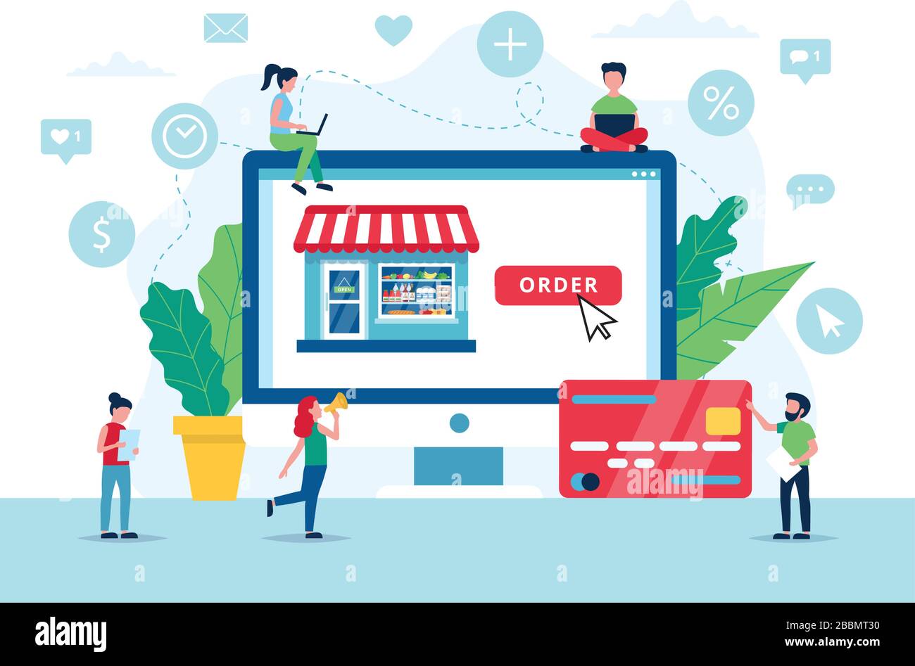 Order grocery online. Pay with credit card. Small people characters ...