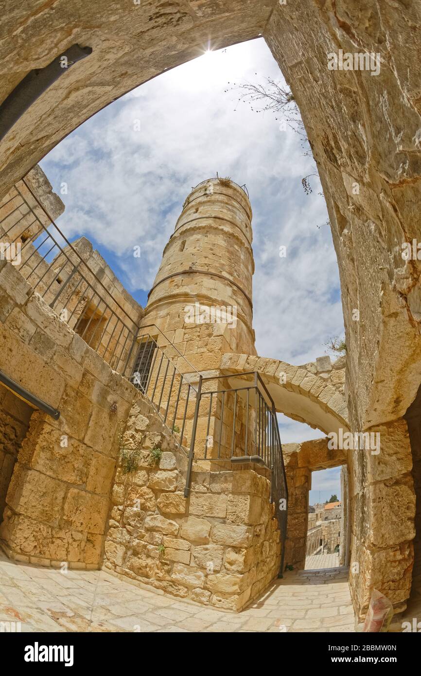 Fisheye shot of the Ottoman minaret in the Tower of David in Jerusalem ...
