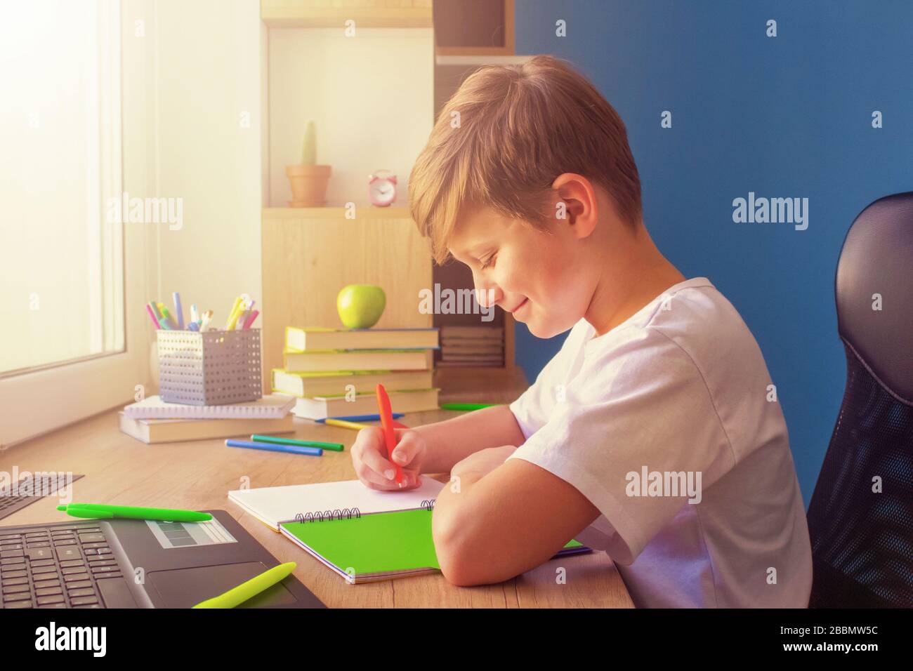 Happy child boy wirting in his copybook, doing homework at home Stock ...