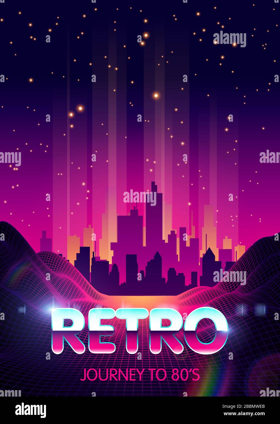 Retro Party 80s. Digital Landscape with Space, Mountains and Laser Rays ...