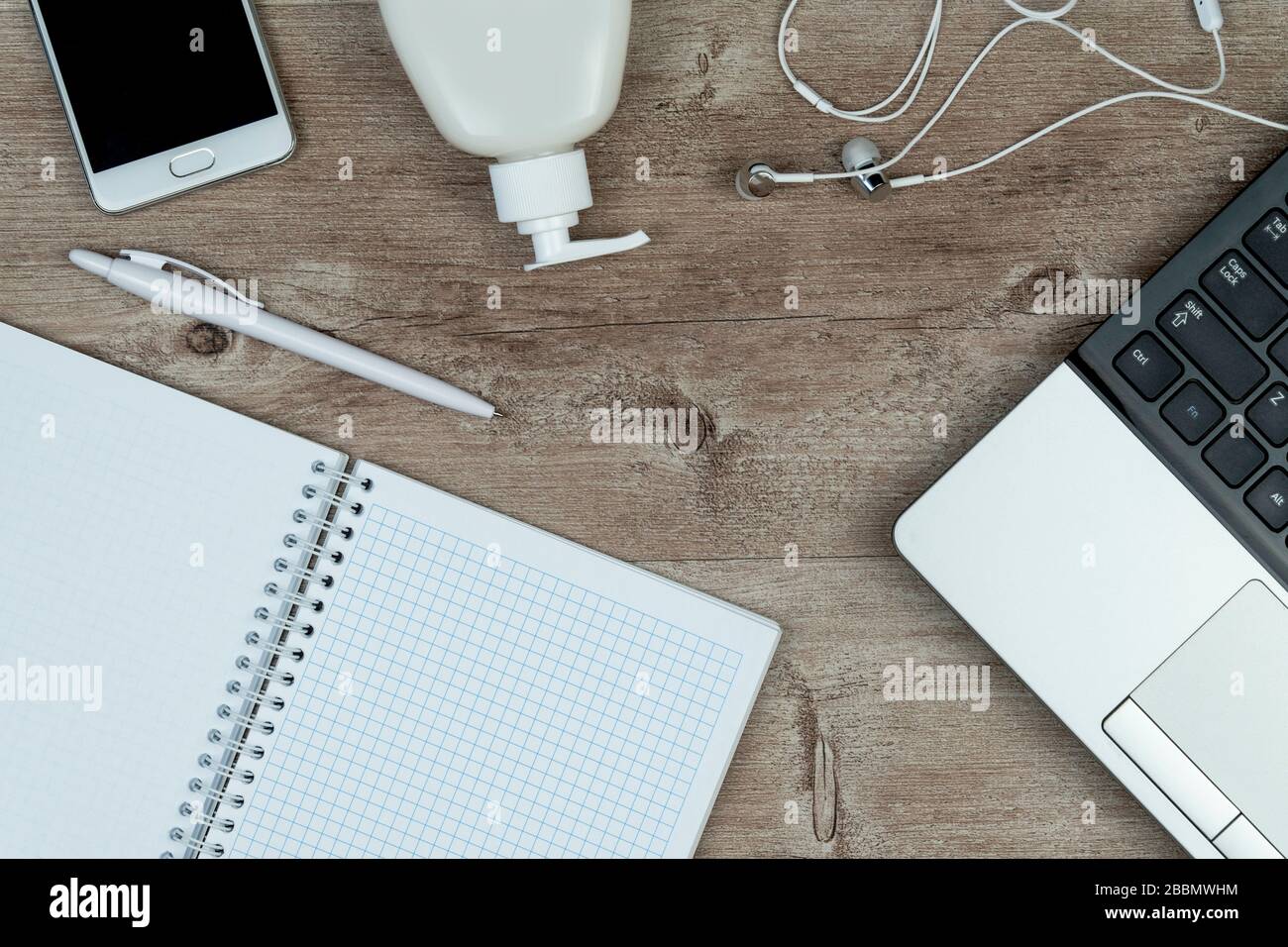 hygiene in the office. Top view close up of office desk, desktop with ...