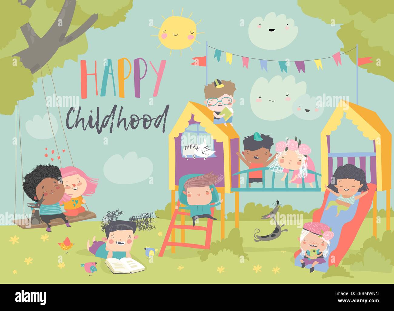 Happy children playing at playgroung. Hello summer Stock Vector Image ...