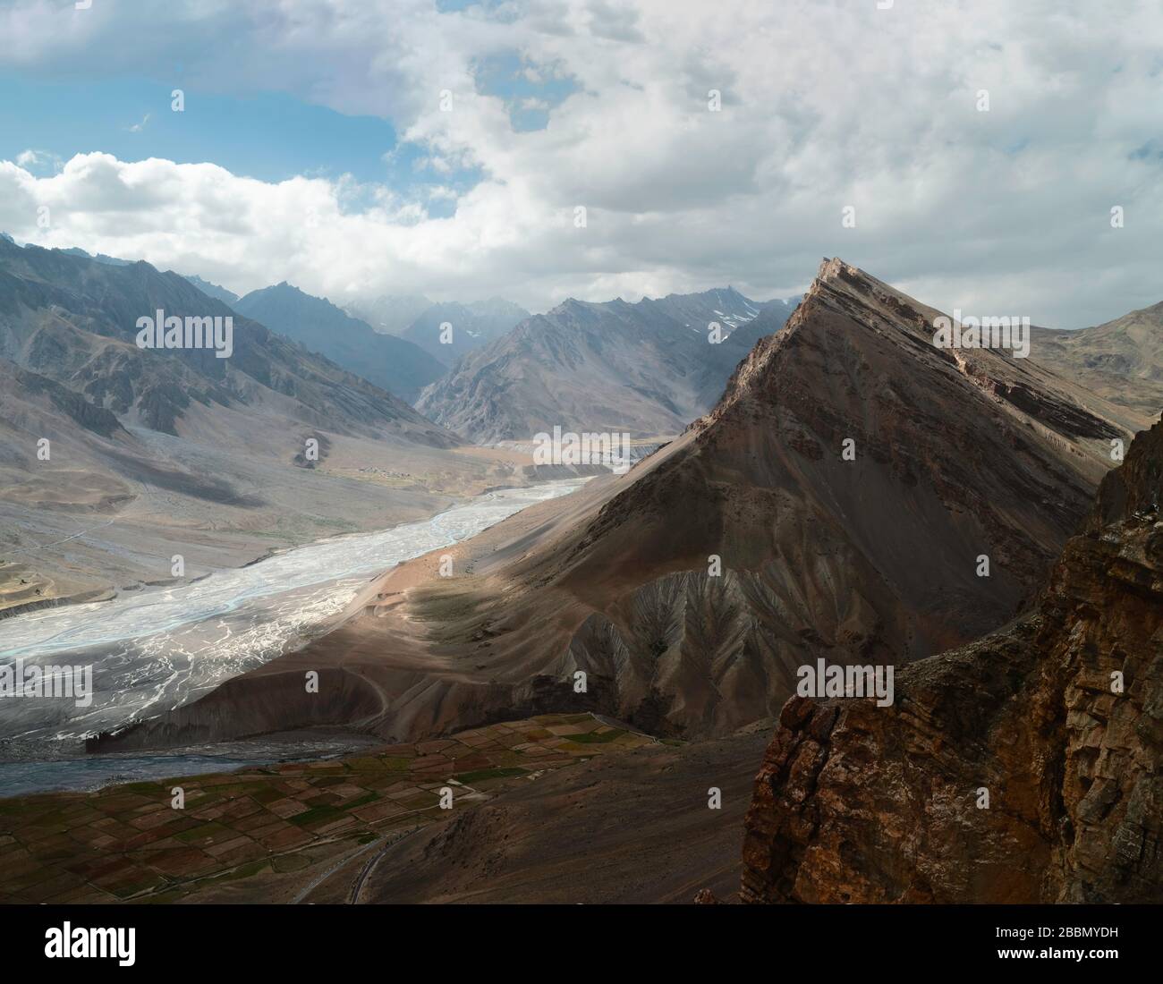 The Spiti river meanders through a deep valley flanked by the high ...