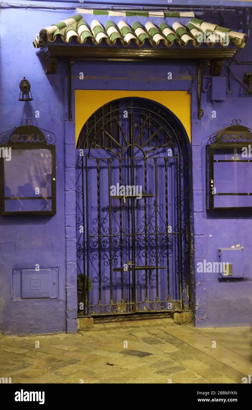 Blue/ purple shop. Colourful shop front. Spanish street scene. Seville ...