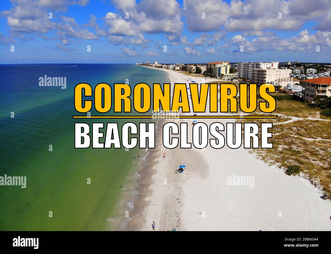 Coronavirus beach closure with an aerial background of an empty beach ...