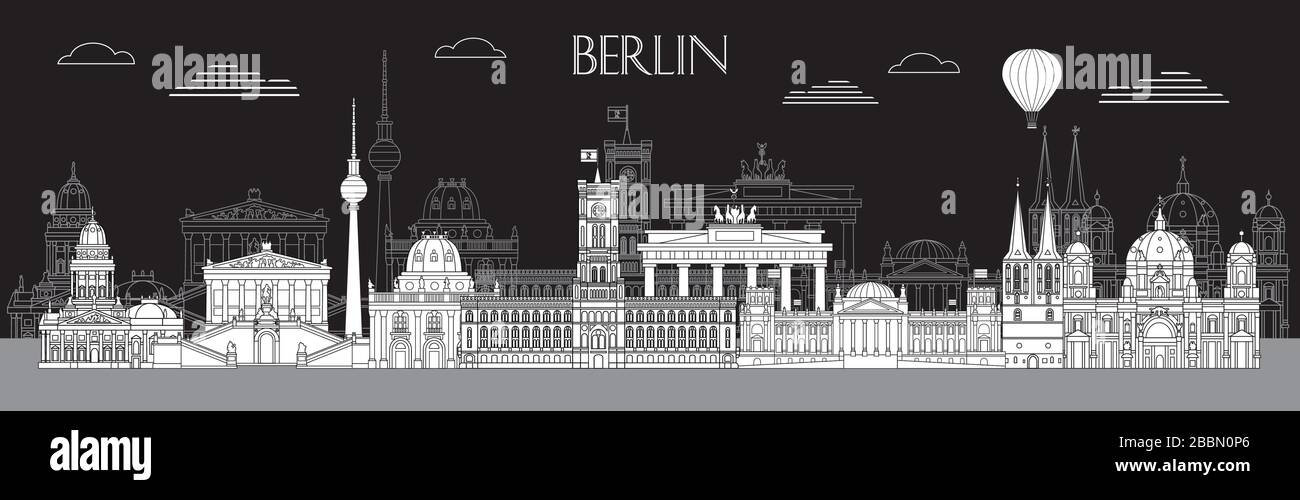 Horizontal vector line art illustration of landmarks of Berlin, Germany ...