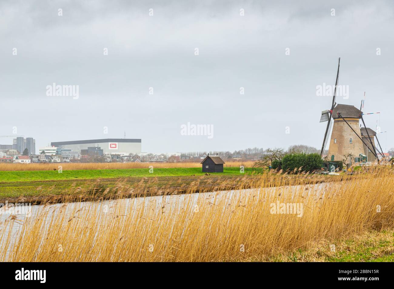 Windmills (wind-pumps) at Kinderdijk; a village in the the Netherlands ...