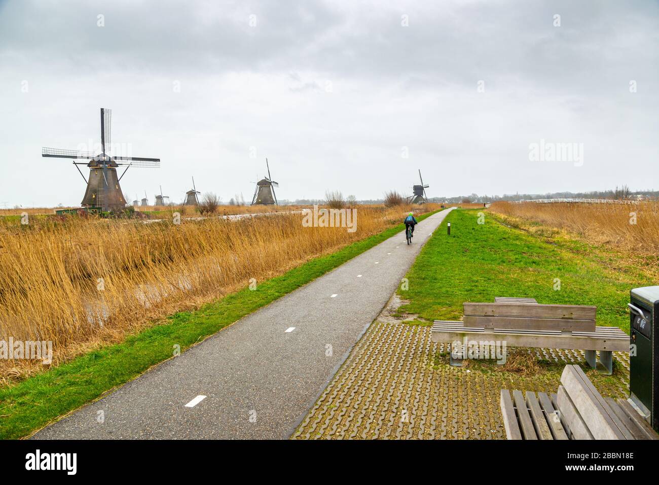 Windmills (wind-pumps) at Kinderdijk; a village in the the Netherlands ...