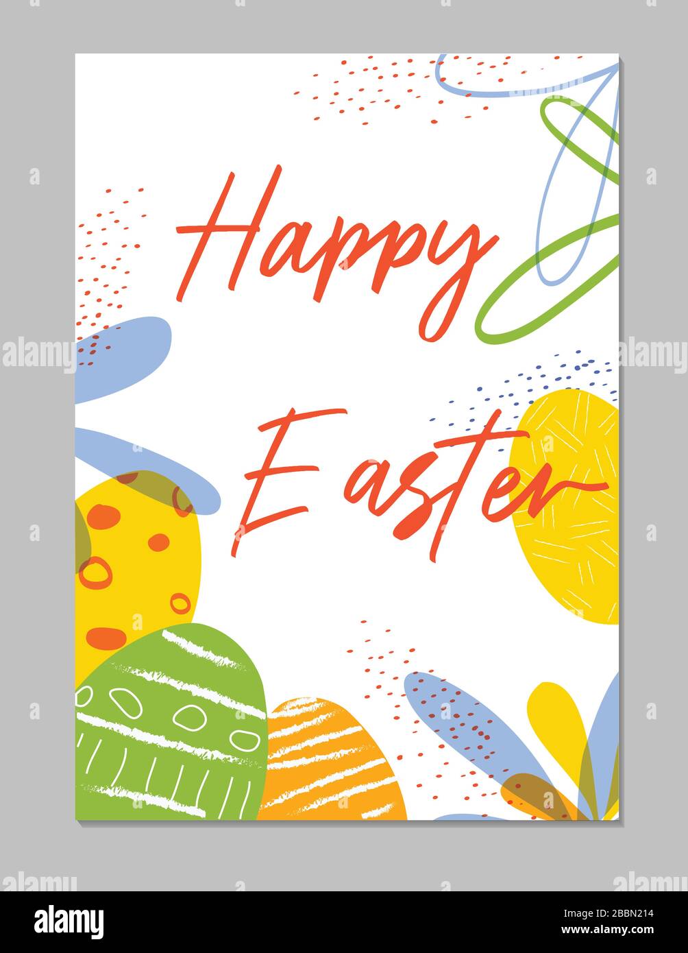Trendy colorful Happy Easter greeting card with flowers eggs and ...