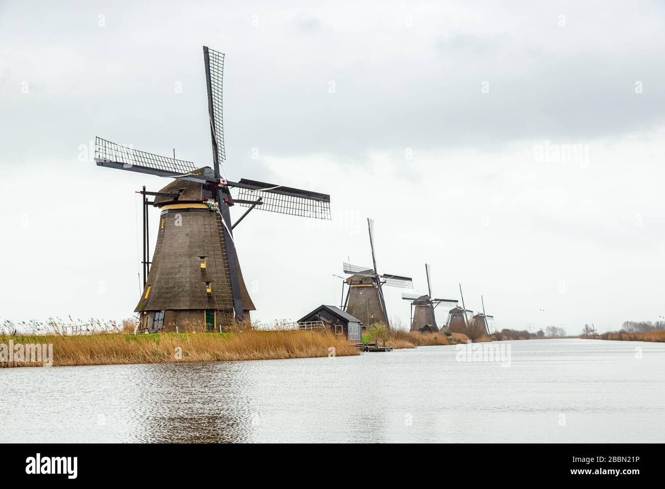 Windmills (wind-pumps) at Kinderdijk; a village in the the Netherlands ...