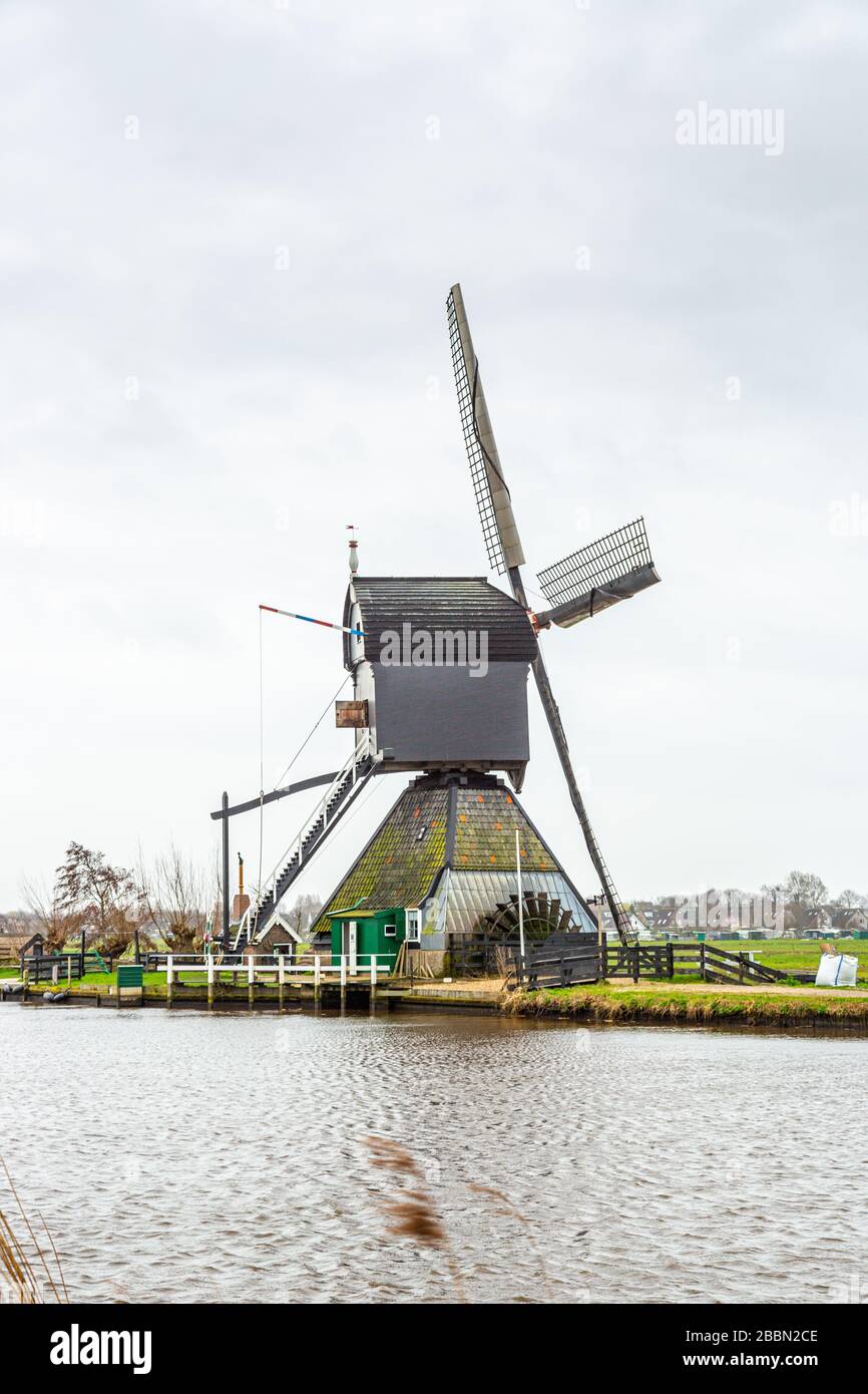 Windmills (wind-pumps) at Kinderdijk; a village in the the Netherlands ...