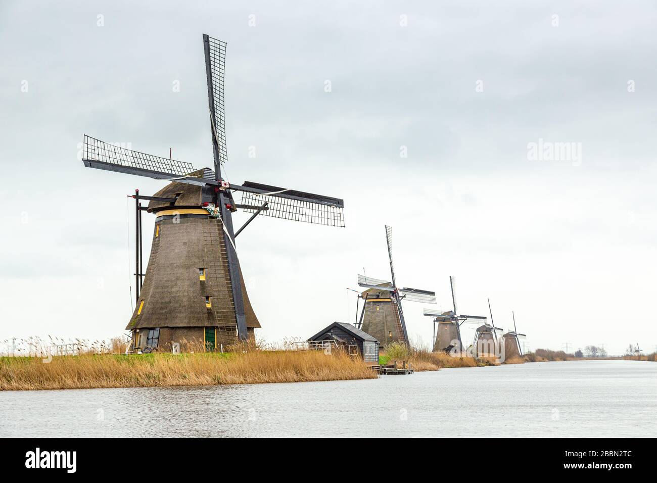 Windmills (wind-pumps) at Kinderdijk; a village in the the Netherlands ...