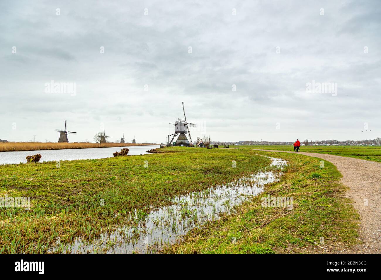 Windmills (wind-pumps) at Kinderdijk; a village in the the Netherlands ...