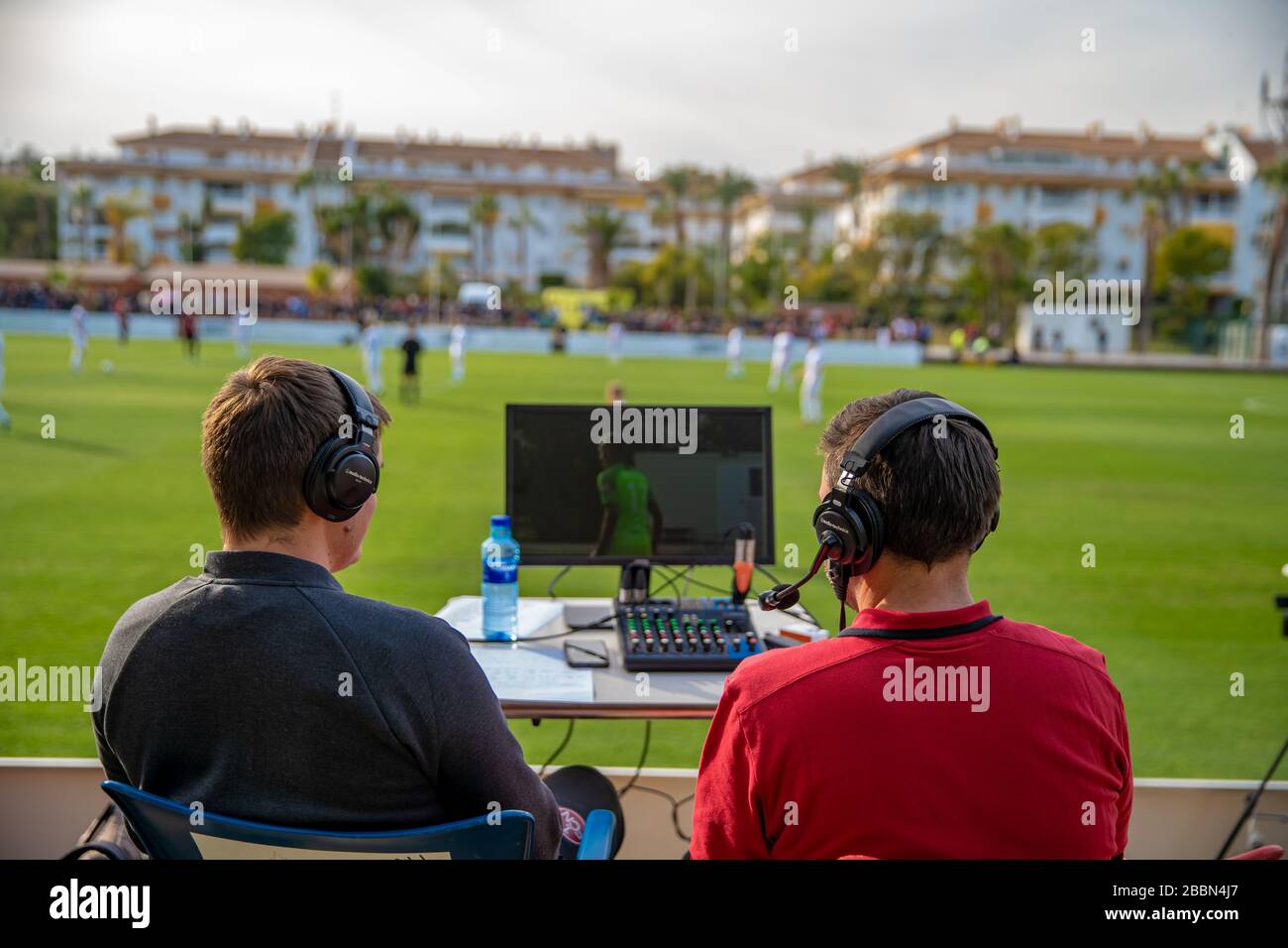 Marbella - January 17, 2020: commentators on football game watching ...