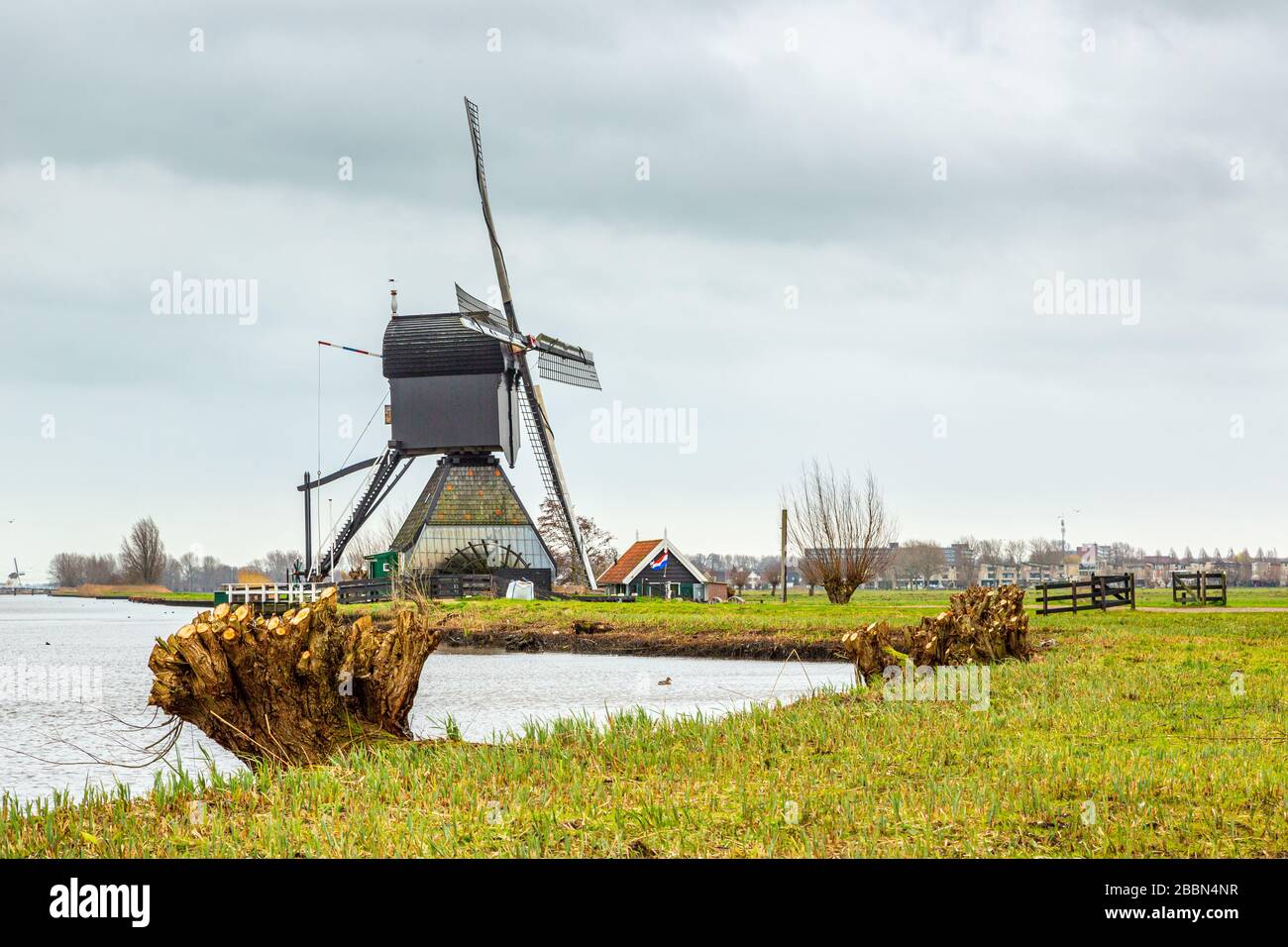Windmills (wind-pumps) at Kinderdijk; a village in the the Netherlands ...