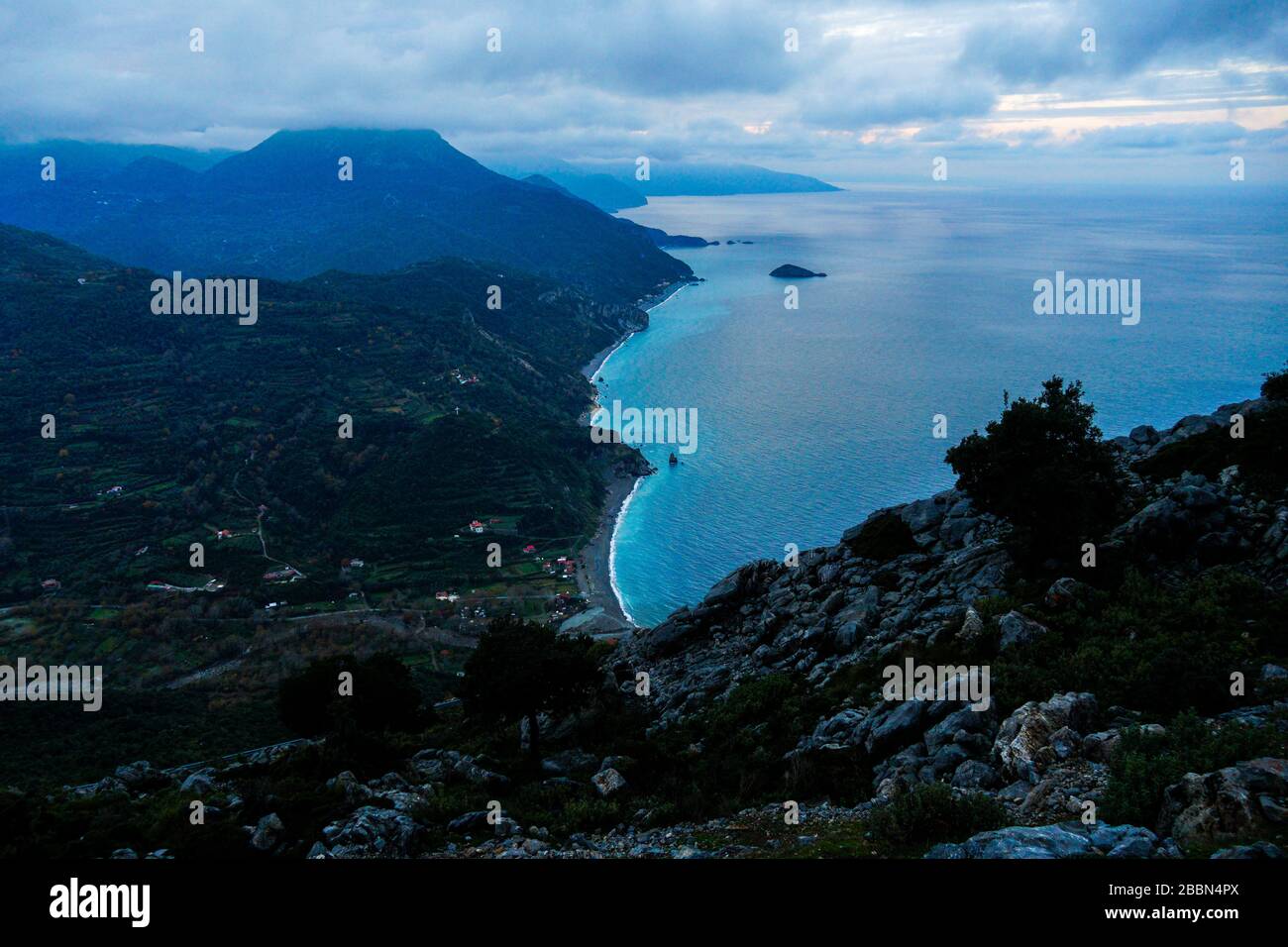 Top view of mountains and sea bay in Evia, Greece. View of Evia island ...