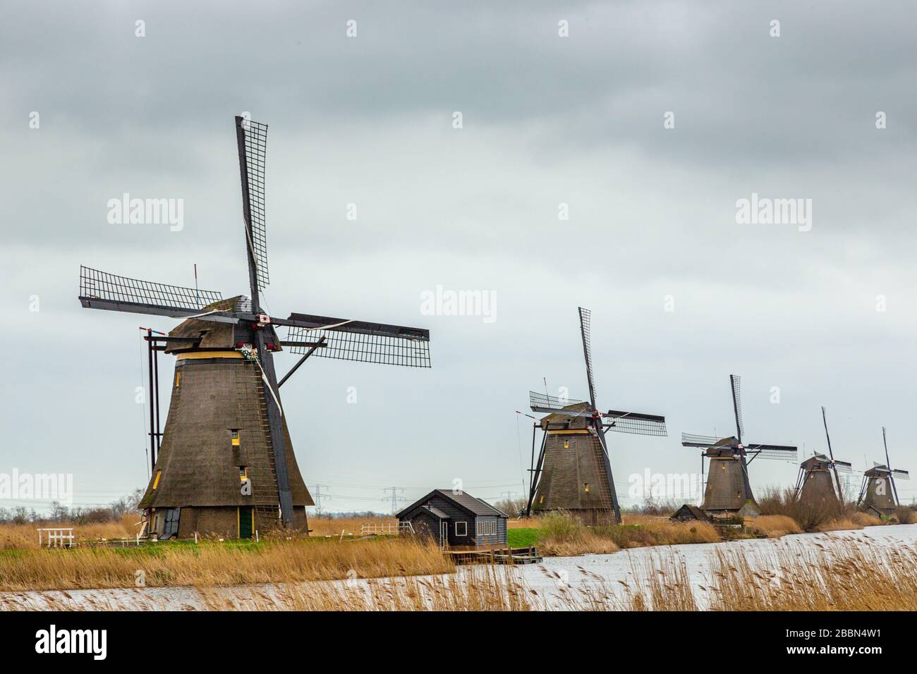 Windmills (wind-pumps) at Kinderdijk; a village in the the Netherlands ...