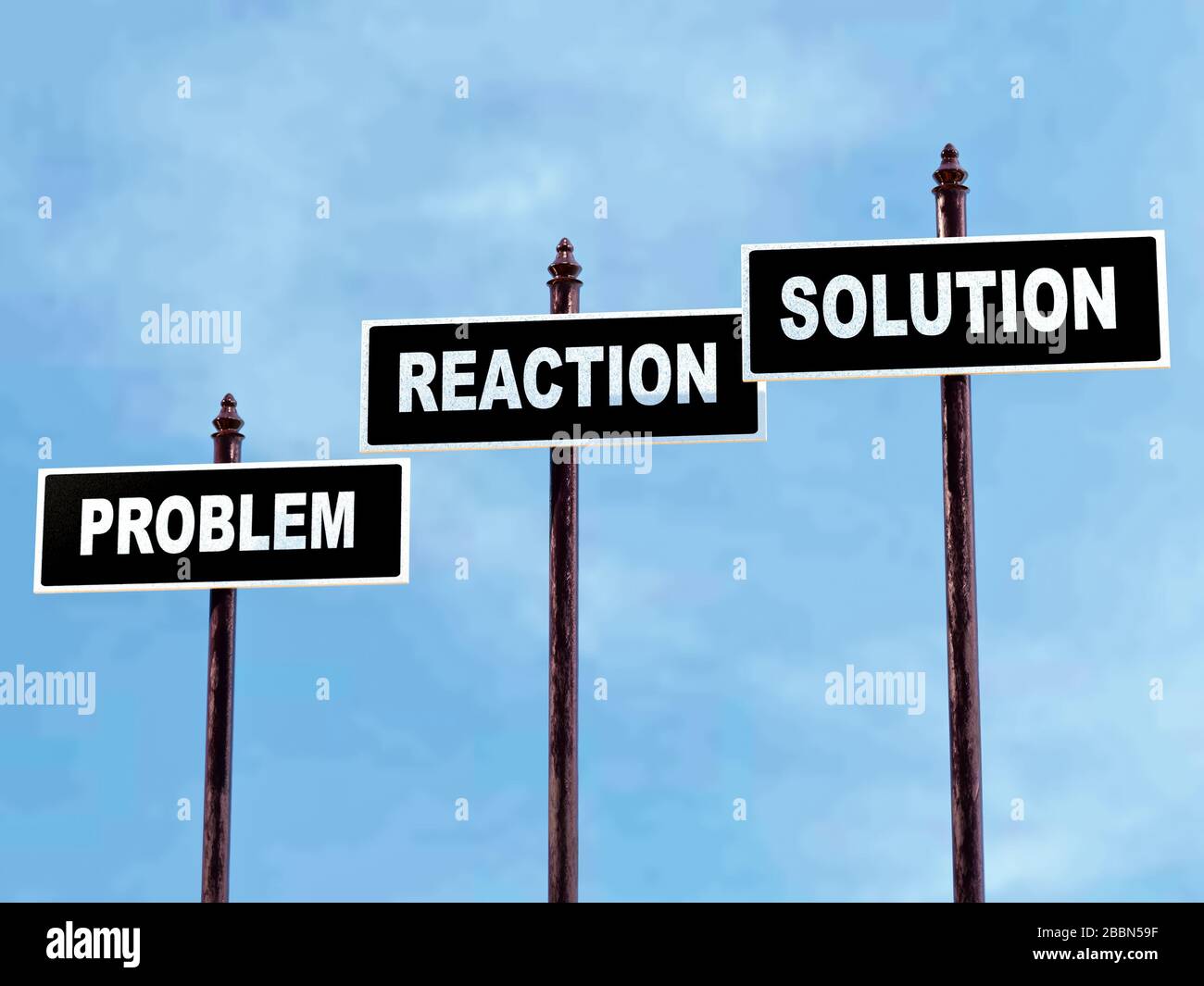Three signposts spelling Problem, Reaction, Solution against blue sky ...