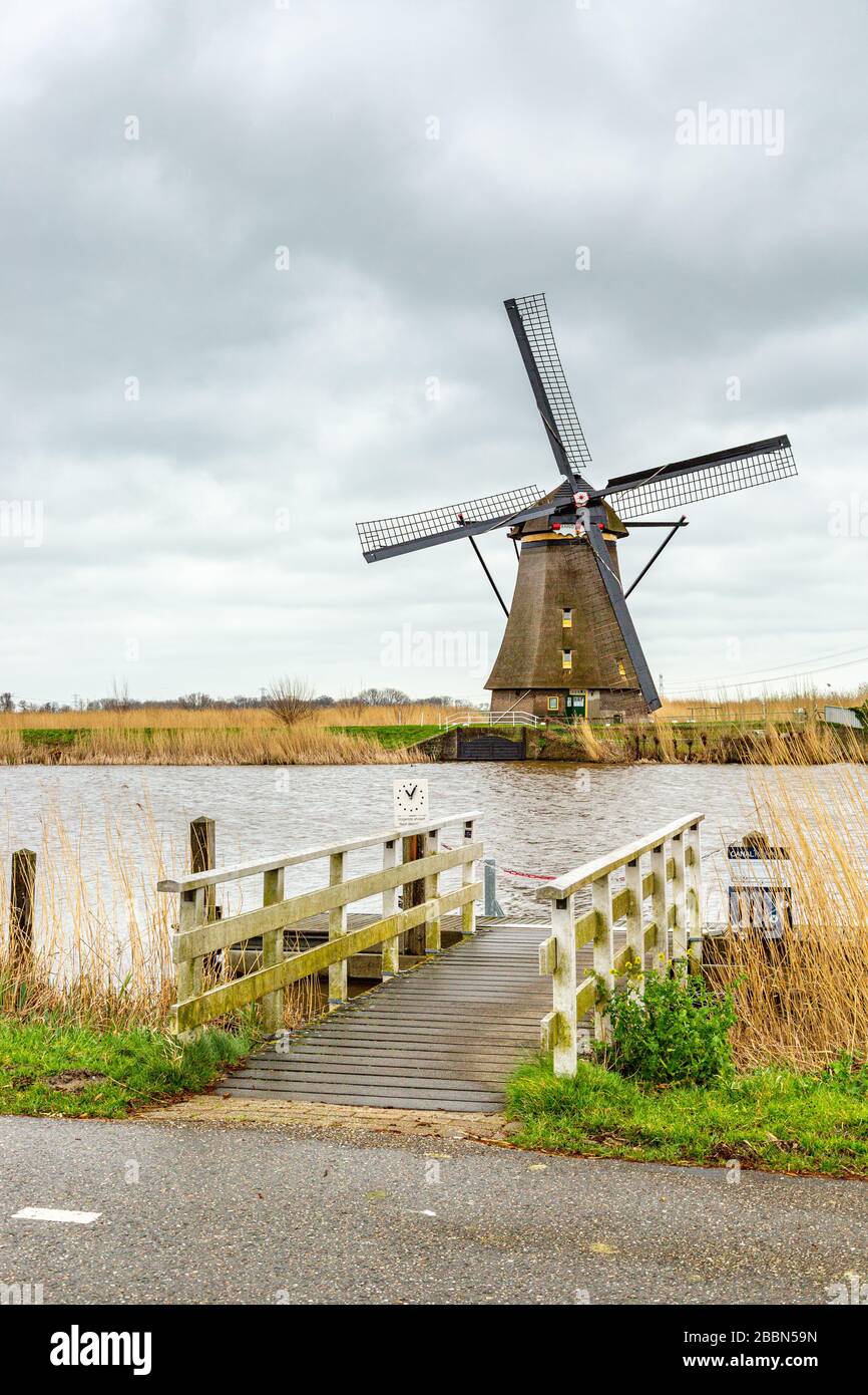 Windmills (wind-pumps) at Kinderdijk; a village in the the Netherlands ...