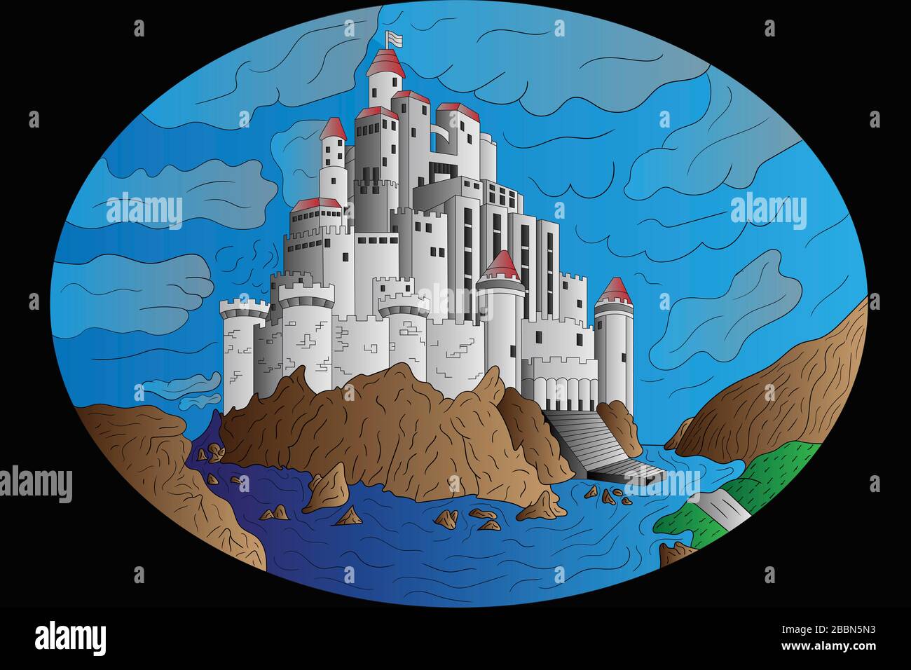 Illustration of a castle located on a rock by the river Stock Photo - Alamy
