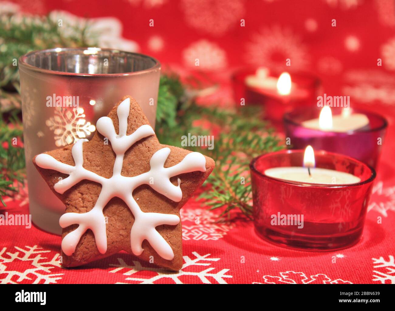 Christmas red decoration background. Gingerbread cookie star Stock ...