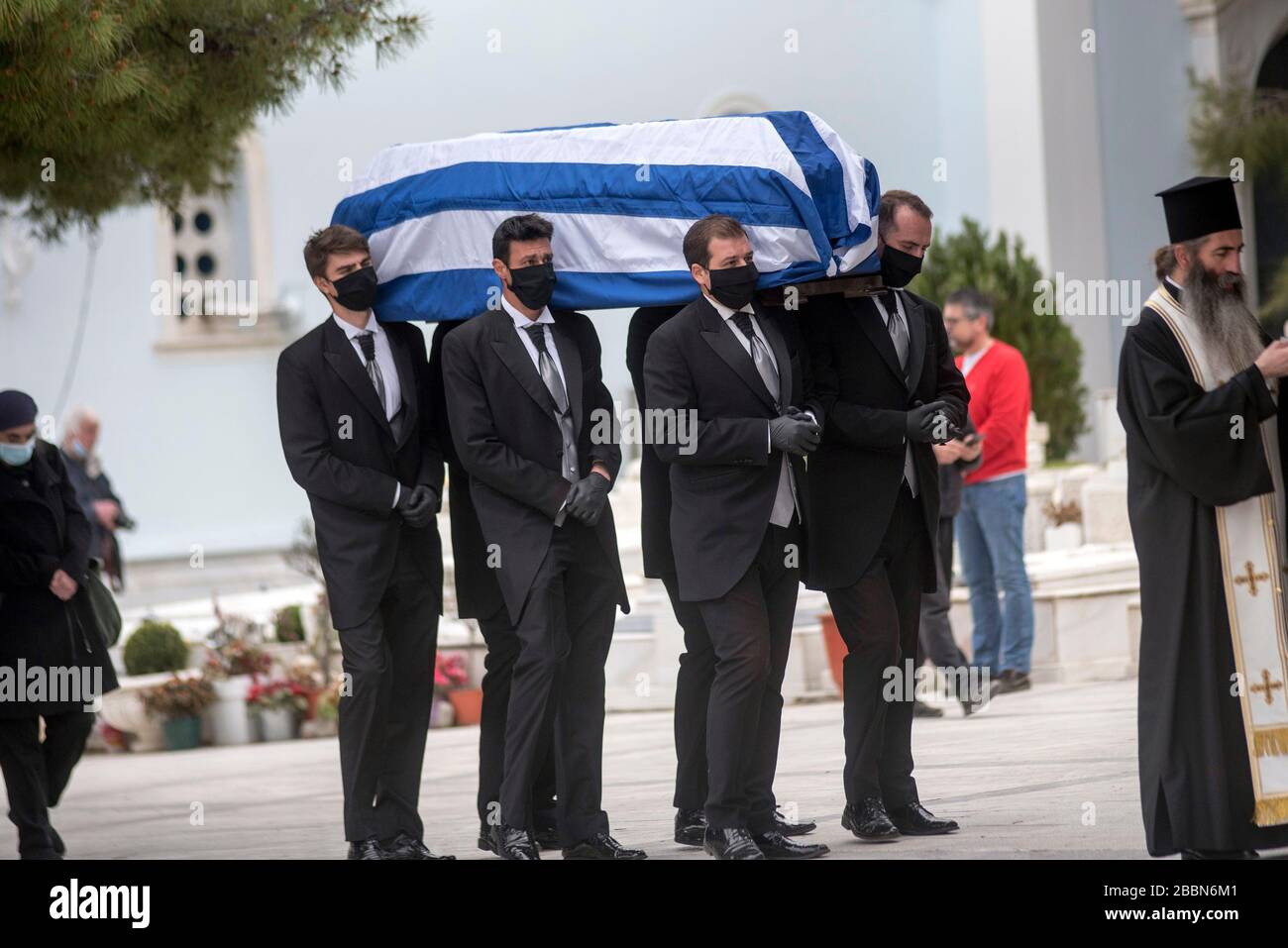 Athens, Greece. 1st Apr., 2020. Casket bearers, wearing black ...